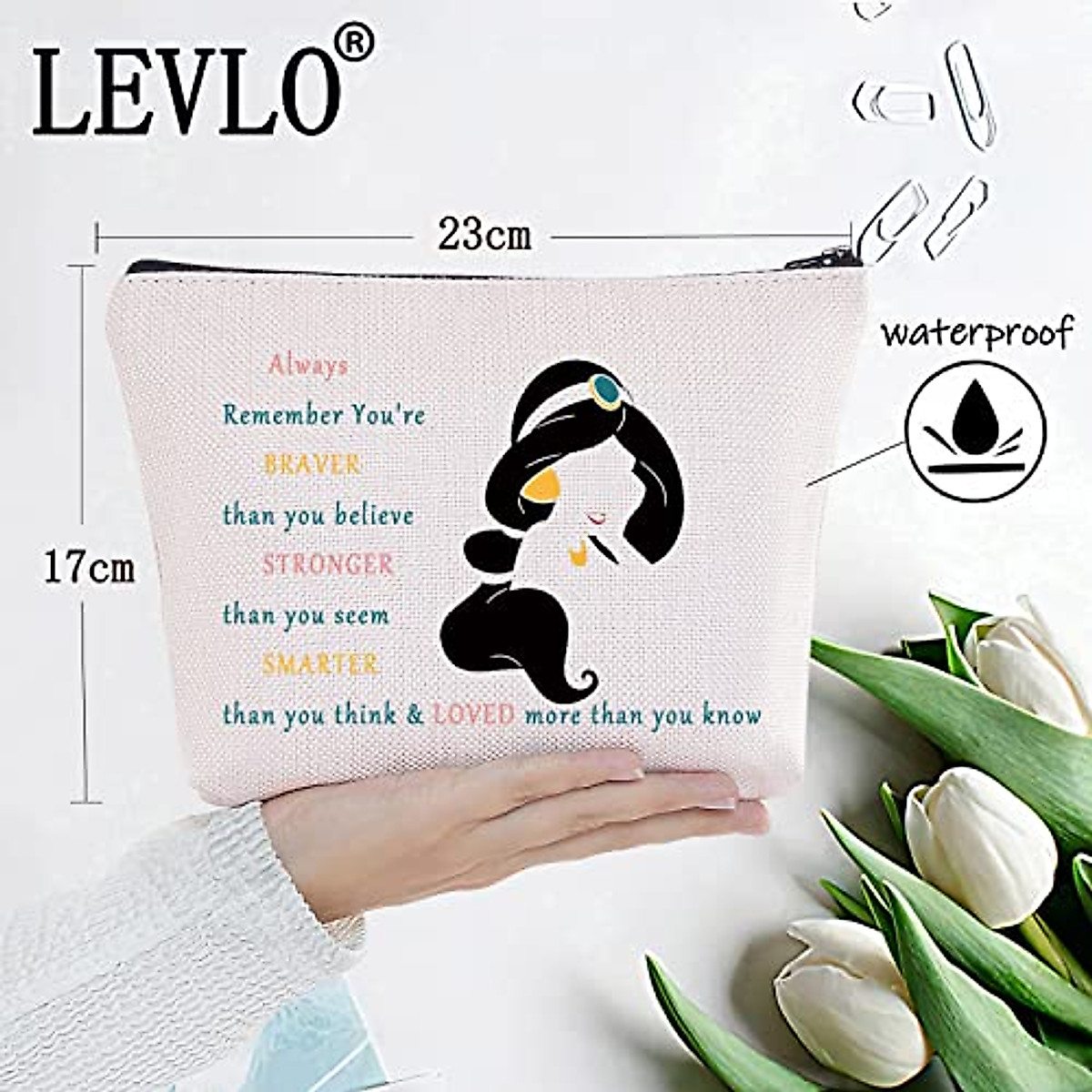 LEVLO Jasmine Princess Cosmetic Make Up Bag Jasmine Fans Gift You Are Braver Stronger Smarter Than You Think Jasmine Zipper Pouch Bag (Jasmine Bag)