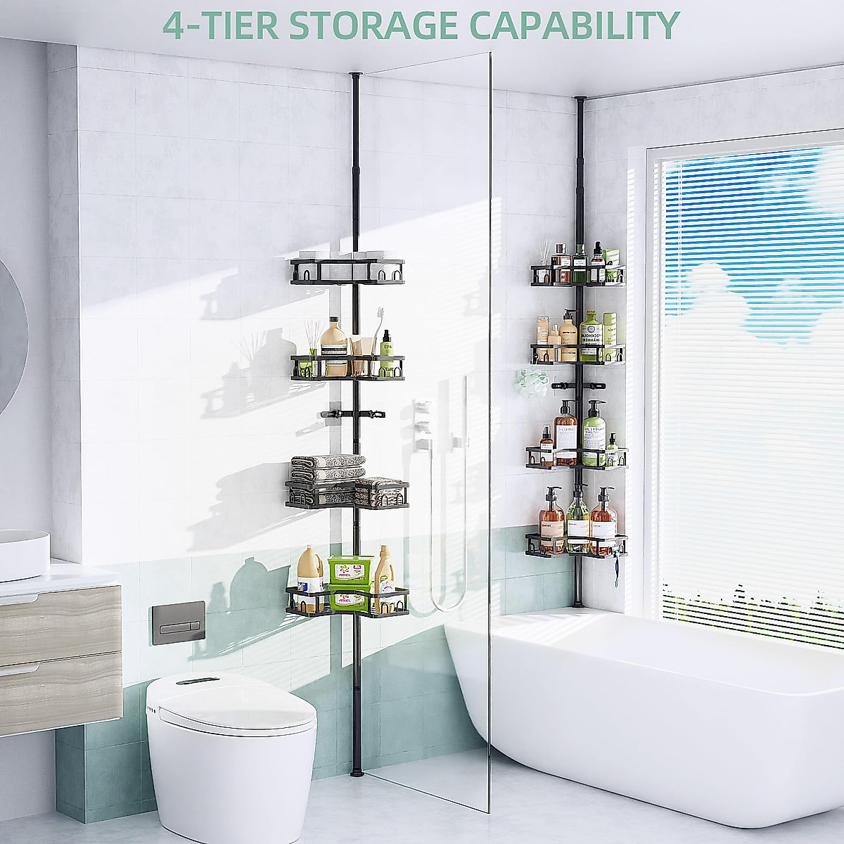 HEVEL Corner Shower Caddy Tension Pole, 4 Tier Adjustable Shower Organizer Corner 62-115 Inch, Rustproof Bathroom Corner Shower Shelves for Bathtub Storage