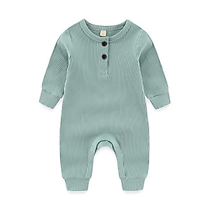 IADOER Newborn Baby Boys Girls One Piece Romper With Mitten Cuffs 3 Pack Long Sleeve Ribbed Button Jumpsuit Outfit Clothes green+blue+gray 6 months Baby Pajamas