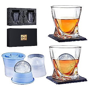 LIGHTEN LIFE Whiskey Glasses with Ice Molds-(2 Crystal Bourbon Glass,2 Iceball Maker,2 Coasters) in Gift Box,Non-Lead Whiskey Rock Glasses,Old Fashioned Glass for Liquor,Whiskey Glass Set 2 for Men