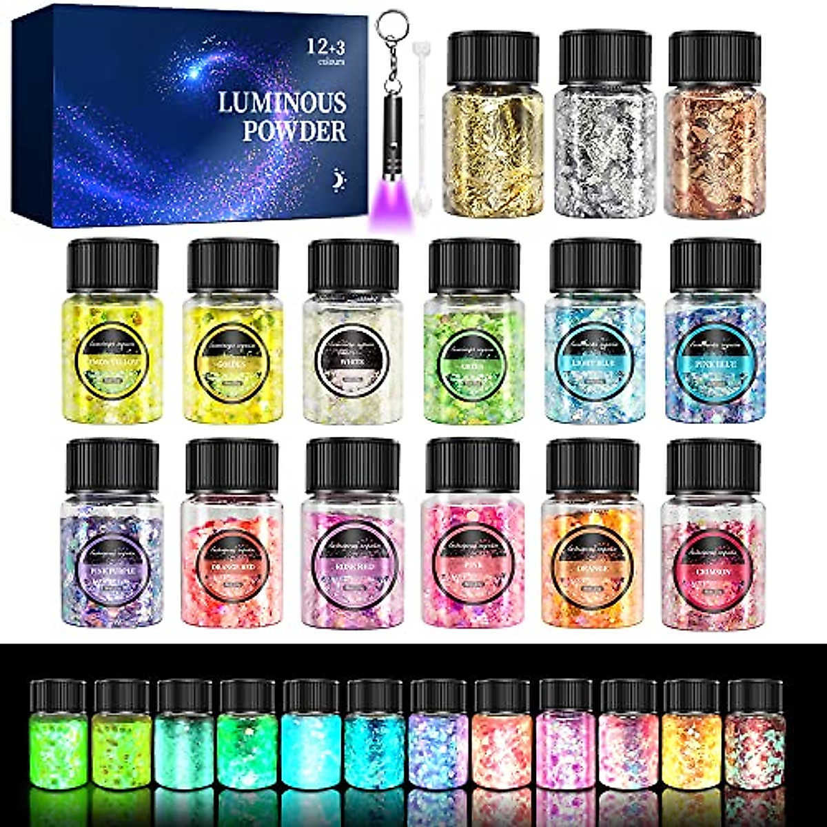 OSBANG Glow in The Dark Glitter 15 Jar - 12 Colors Glow Glitter and 3 Colors Gold Foil Flakes, High Luminous Glitter for Resin Crafts, Cosmetic, Nail, Glowing Dye for DIY