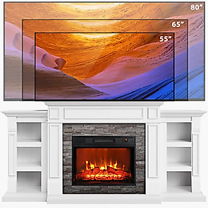 Naice 70" Electric Fireplace with Mantel and Cabinets, Fireplace TV Stand for Living Room Bedroom, Stacked Stone Surround and Remote Control 3D Realistic Flame, White