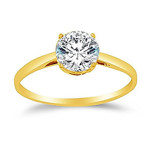 Size - 8 - Solid 14k Yellow Gold Round Cut Classic Thin Band Solitaire Wedding Engagement Ring CZ Cubic Zirconia 1.0ct.