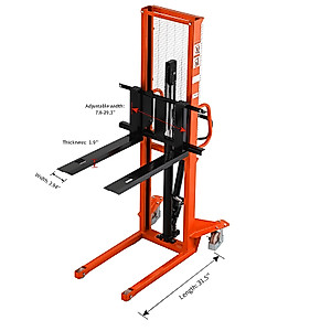 Tory Carrier Manual Forklift Pallet Stakcer 1100lbs Capacity 63" Lift Height with Adjustable Forks and Fixed Legs Hand Tools