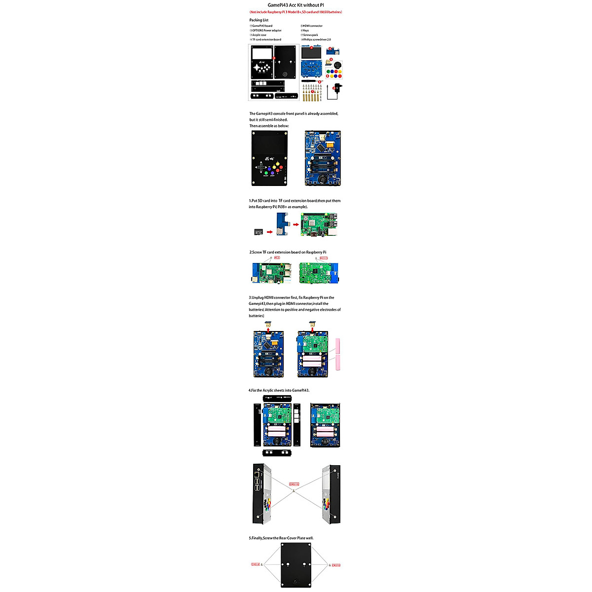 GamePi43 Accessories Kit for Raspberry Pi 4B/3B+/3B/2B/B+ Portable Retro Video Handheld Game Console with 4.3inch IPS Display 800x480 Pixel 60 fps Smooth Gaming Experience Speaker Earphone Jack