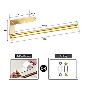 Gold Paper Towel Holder, OBODING, Self Adhesive or Drilling, Under Cabinet Paper Towel Holder Wall Mount, 304 Stainless Steel Kitchen Towel Holders for Kitchen, Cabinet, Bathroom (1 Pack, Gold)