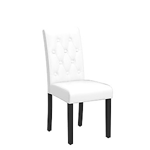 Yaheetech Dining Chairs with Leather Seat and Solid Wood Legs Button Tufted Padded Kitchen Chair Accent Side Chair for Home Kitchen and Restaurant, Set of 6, White