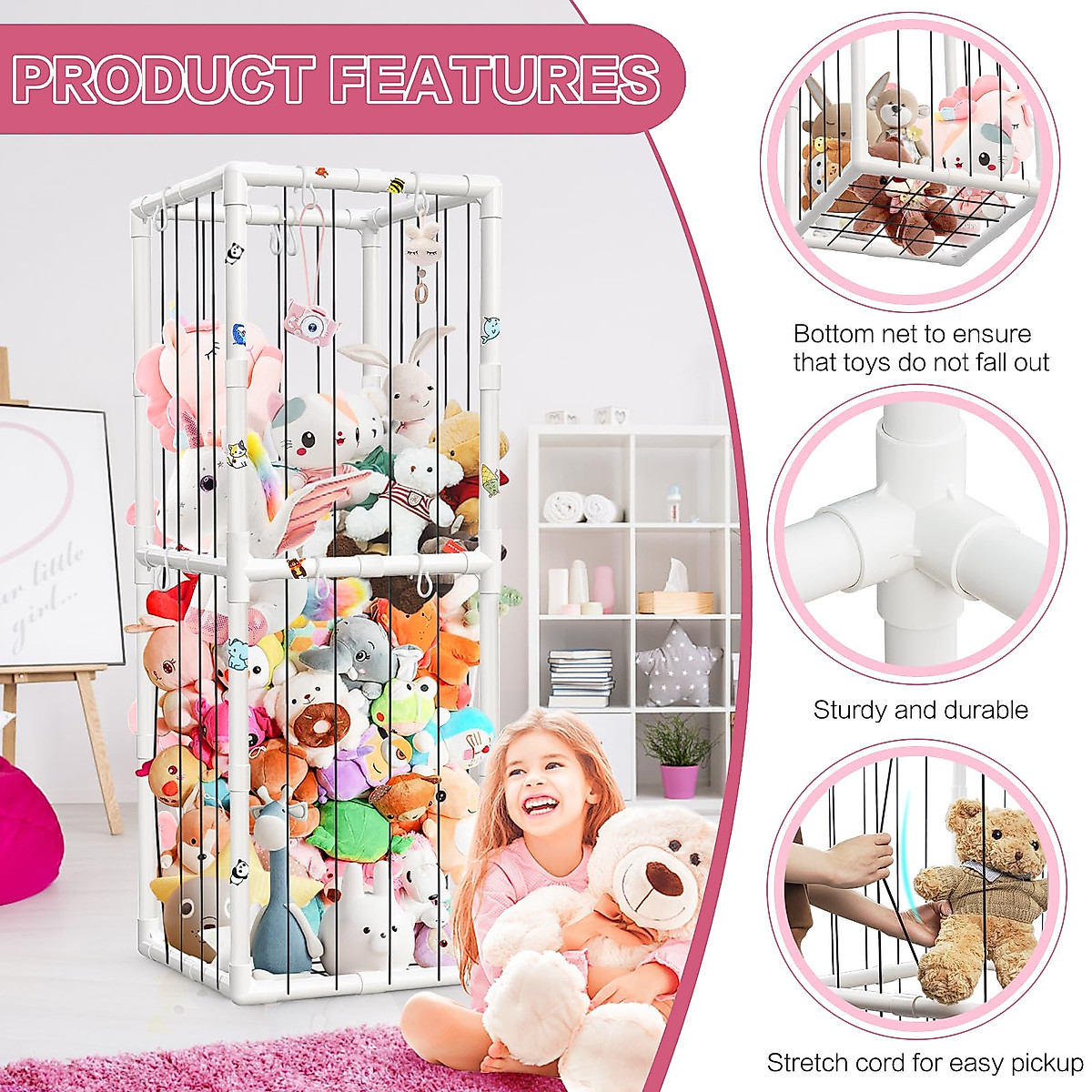 sunoyar Plush Stuffed Animal Storage Holder, Large Capacity Zoo Storage Cage Organizer, Animal Holder Organizer with Bottom Net for Nursery Play Room Bedroom Decoration