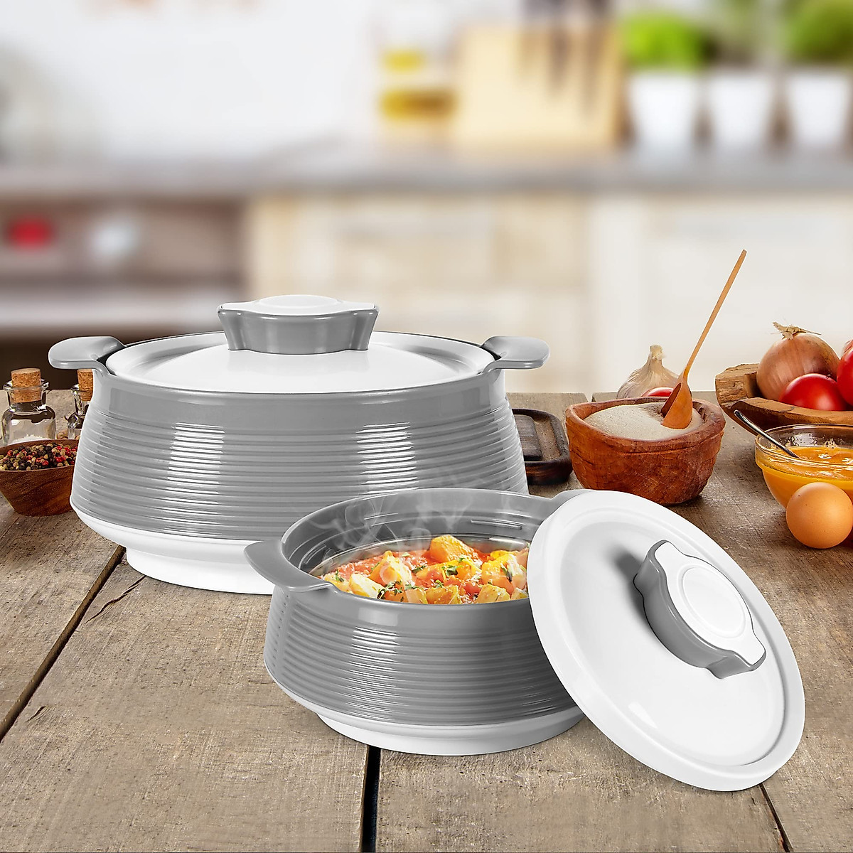 Milton Casserole for Hot Food, Double Walled Insulated Inner Stainless Steel Hot Pot with Lid, Serving box for Food and Roti, Serving Bowl, Set of 3 (Size 62, 45, 28 oz) Venice, Grey