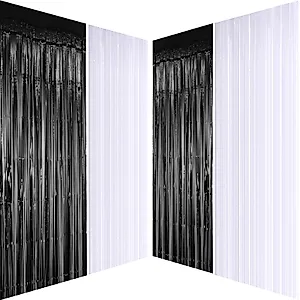Black White Metallic Tinsel Foil Fringe Curtain - Wedding Graduation Retirement Birthday Baby Bridal Shower Engagement Anniversary Bachelorette Halloween Party Photo Booth Backdrop Decoration, 4pc