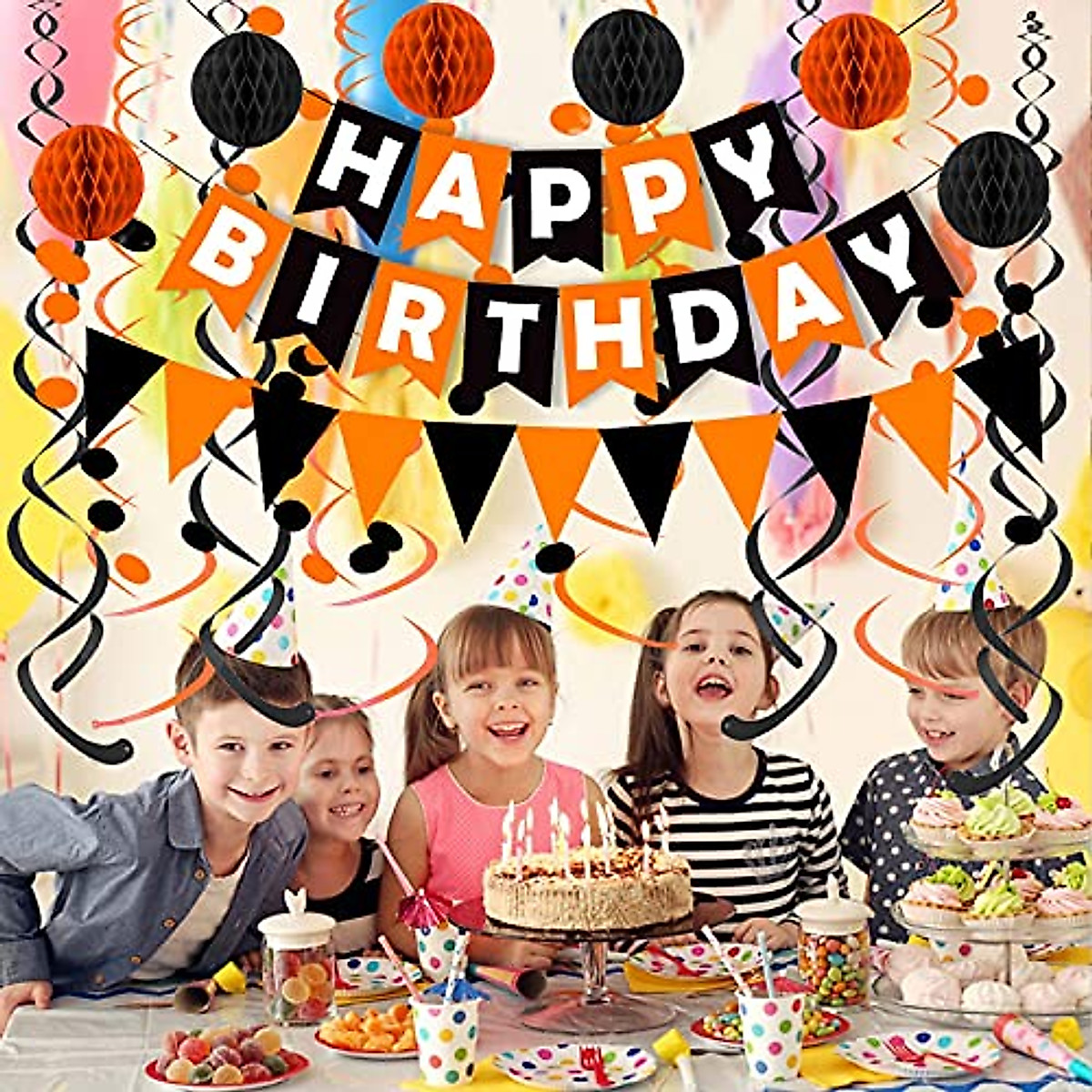 Fecedy Black Orange Happy Birthday Banner Paper Triangle Flag Bunting Circle Confetti Dots Hanging Garland and Honeycomb Ball Swirl Streamers for Birthday Baby Shower Halloween Party Decoration