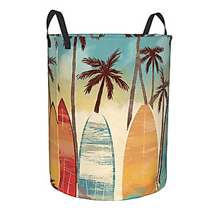 Surfboard Palm Tree Print Laundry Basket Waterproof Laundry Hamper With Handles Large Dirty Clothes Hamper For Dorm Family Travel Medium
