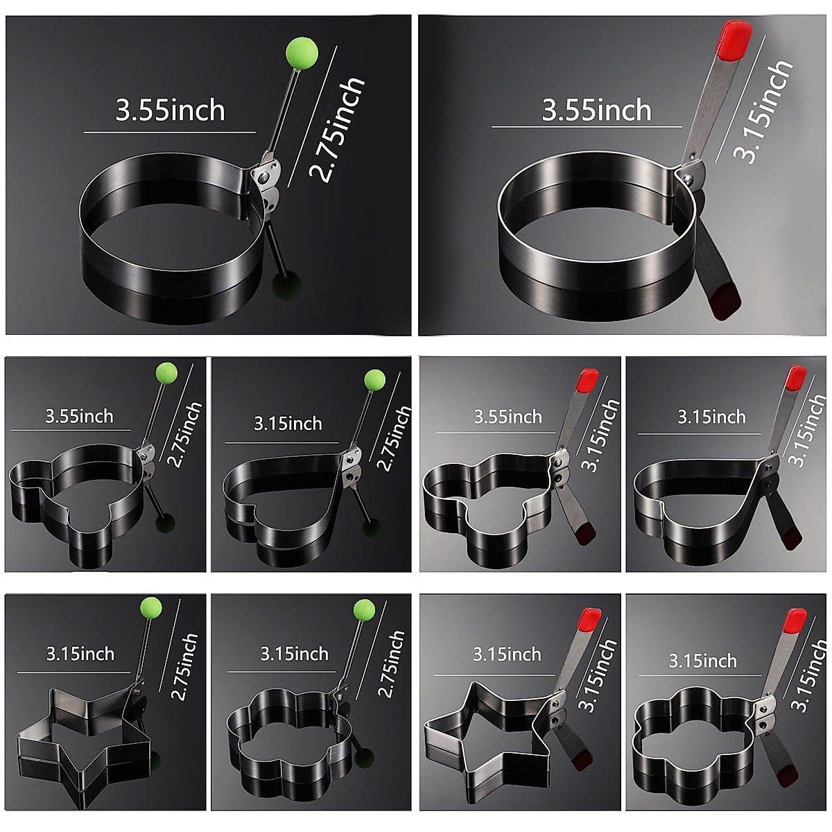 GZMAISULEE Egg Ring Molds for Cooking 5 Pack Griddle Egg Rings Stainless Steel Egg Cooking Rings Heart, Flower, Star, Micha, Round Pancake Mold Set, Yellow