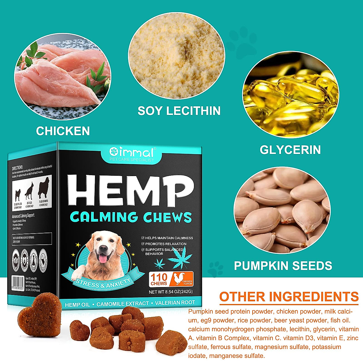 Hemp Calming Chews for Dogs, Dog Training & Behavior Aids, Dog Calming Treats, Natural Soothing Snacks Hemp + Valerian Root, Dog Anxiety Relief & Aggressive Behavior, 110PCS Calming Dog Treats