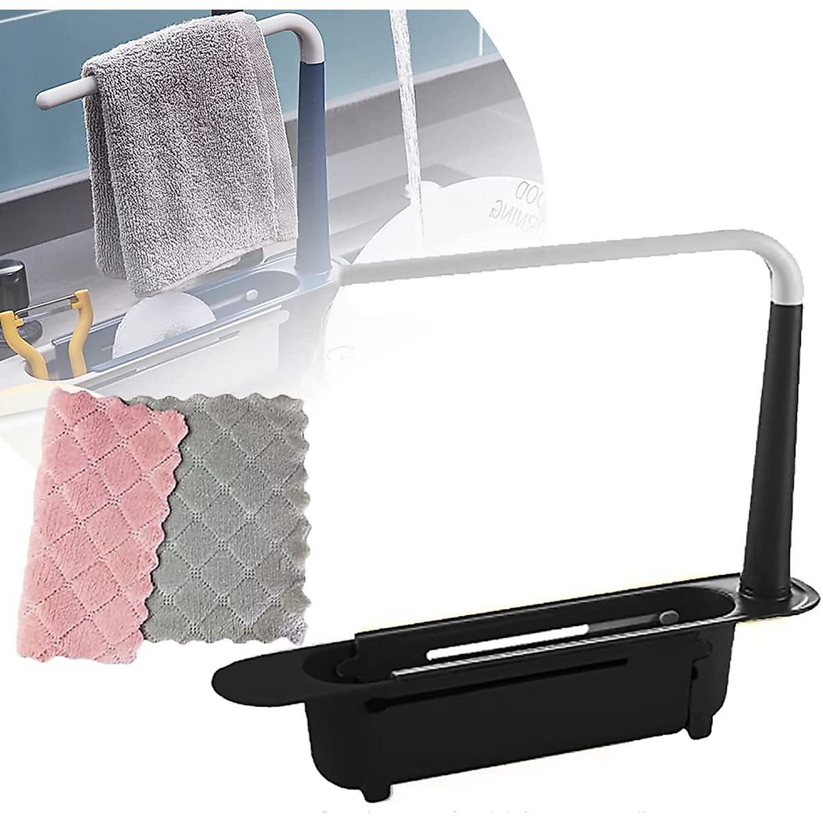 QNMD Updated Adjustable 2-in-1 Telescopic Sink Storage Rack Holder,Telescopic Sponge Holder Towel Rack for Kitchen Sink,Sink Storage Rack Holder Telescoping Sink Caddy