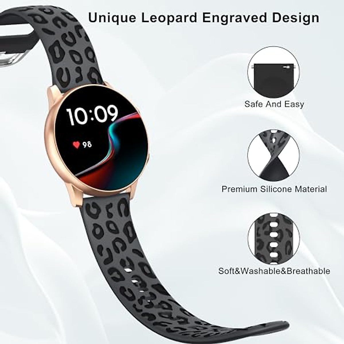 Upgraded Two-Tone Leopard Engraved Bands Compatible with Samsung Galaxy Watch 6/5/Watch 4 40mm 44mm for Women, Samsung Galaxy Watch 5 Pro 45mm/Galaxy Active 2/Galaxy Watch 3, 20mm Soft Silicone