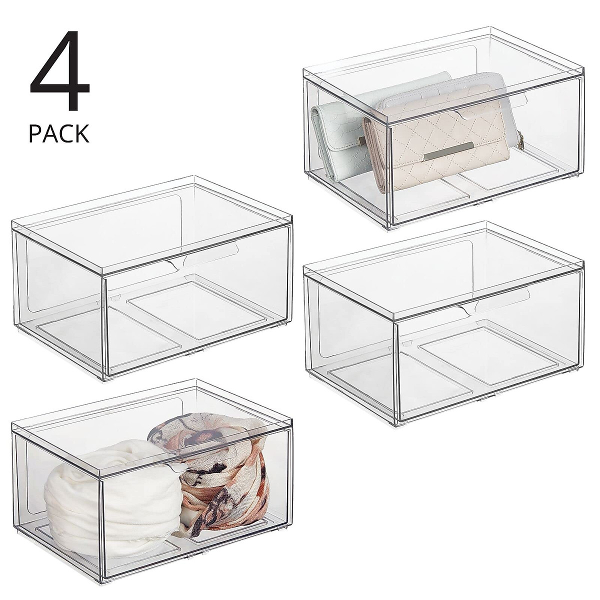 mDesign Plastic Wide Stackable Closet Storage Organizer Bin Containers with Front Pull Drawer for Cabinet, Desk, Shelf, Cupboard, or Dresser Organization - Lumiere Collection - 4 Pack - Clear