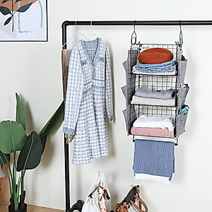3 Tier Hanging Shelves Wall Mount Metal Wire Basket with 9 Canvas Pockets &Removable Hooks,Foldable 3-Shelf Clothing Closet Storage Organizer for Bedroom Baby Nursery Cloth Sweaters Handbags Cap Black