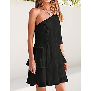 ZESICA Women's Boho Summer One Shoulder Sleeveless Ruffle Tiered Layered Chiffon Pleated A Line Flowy Mini Dress,Black,Medium