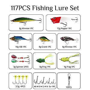 U/D 27/79 /117 PCS Fishing Hooks Lures Baits Tackle Including Crankbaits, Spinnerbaits, Plastic Worms, Jigs, Topwater Lures, Tackle Box and More Fishing Gear Lures Kit Set (117)