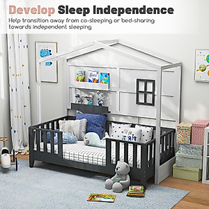 GOFLAME Twin Size House Bed for Kids, Montessori Floor Bed with Roof, 2 Storage Shelves, Rails and Window, Wooden Slatted Playhouse Bed Frame for Boys, Girls, No Box Spring Needed
