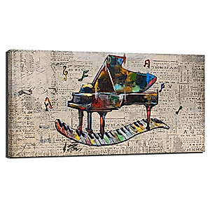 sechars Vintage Music Wall Art Retro Piano Painting Art Print on Canvas Abstract Artwork Music Notes Poster with Inner Wood Frame Modern Classroom Living Room Bedroom Decoration 24x48inches