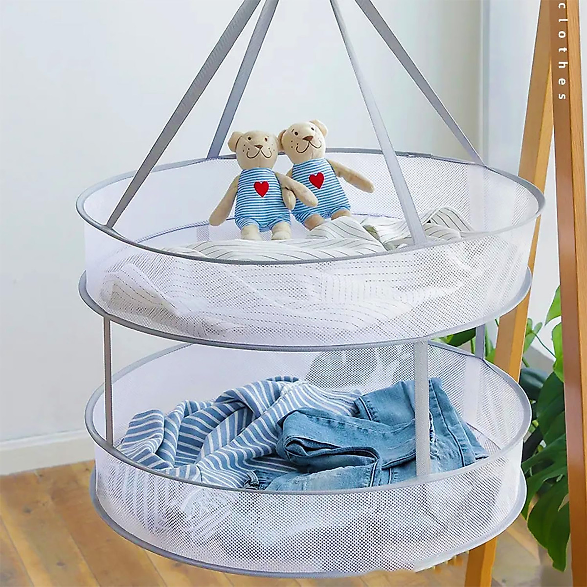 Qaoliffa 2-Tier Folding Mesh Clothes Hanging Dryer,Prevent Sweater from Deforming,Laundry Basket for Drying Underwear，Towels, Hats, Scarves,23 inches in Diameter(Set of 2)