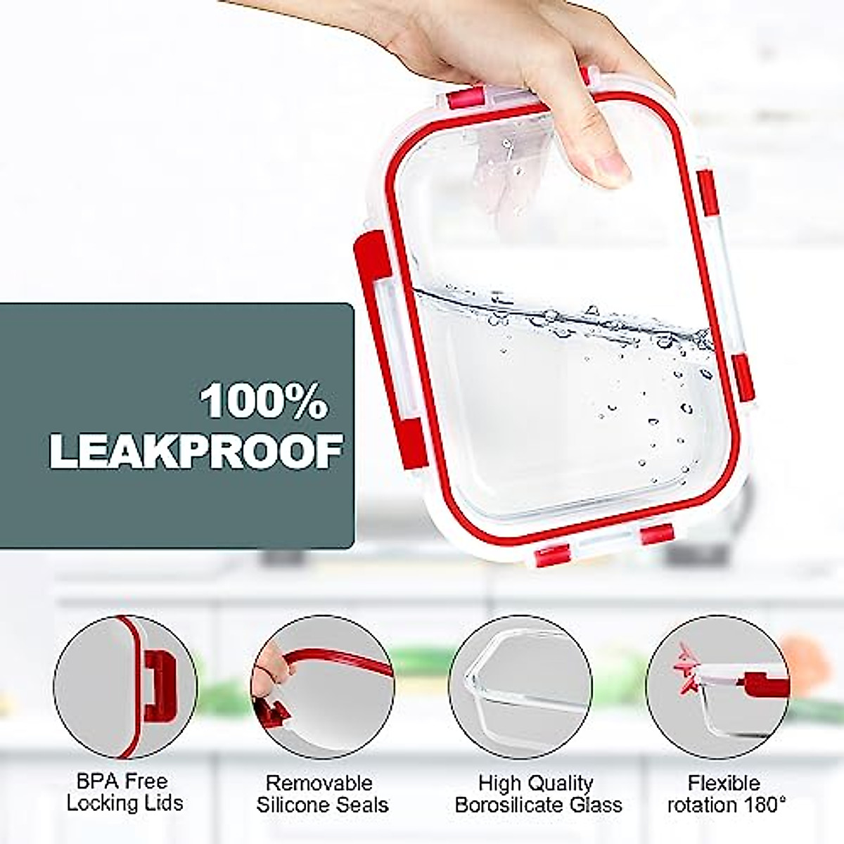 VERONES 10 Pack Glass Meal Prep Containers, Airtight Glass Lunch Containers, Stackable Glass Food Storage Containers Set with Lids,BPA-Free, for Microwave, Oven, Freezer & Dishwasher Friendly,Red