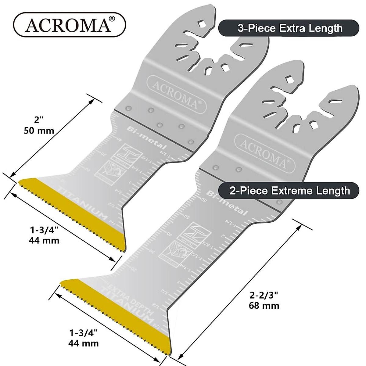 Acroma 5-Piece Universal Oscillating Multitool Blade Set, Titanium-Enhanced M42 HSS Bi-Metal, Including 2" and 2-2/3" Extra-Long Blades, Ideal for Plunge/Flush Cut on Multi-Materials. BM50005
