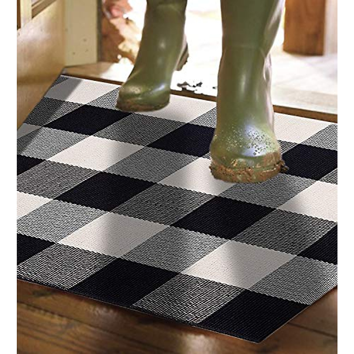 MUBIN Buffalo Plaid Rug 2X3 ft Outdoor Black and White Checked Rug Cotton Reversible Hand-Woven Indoor Washable Entryway Front Porch Decor Rugs for Layered Welcome Front Door Mats
