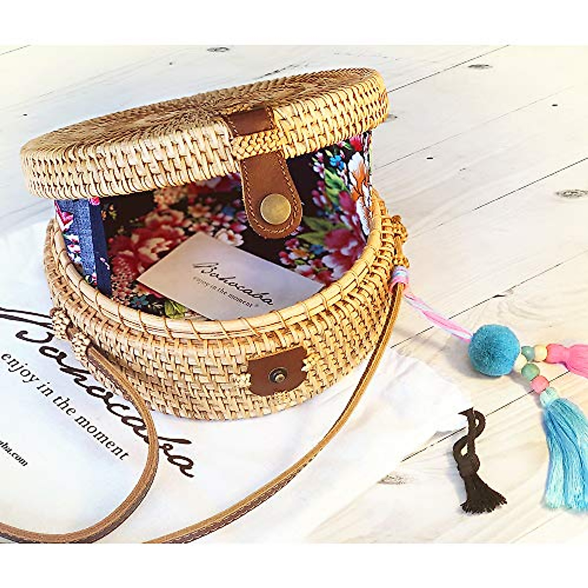 Handwoven Round Rattan Bag, Leather Shoulder Strap, Two Pocket Boho Bali Wicker Crossbody Handbag