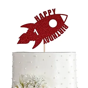 Red Rocket 1st Birthday Cake Topper, Glitter Boy Girl Space 1 Year Birthday Party Decoration