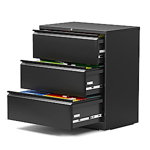 Aobabo 3 Drawer Lateral Steel File Organizing Cabinet with Locking System and Adjustbale Hanging Bars for Letter/Legal Size Paper, Black