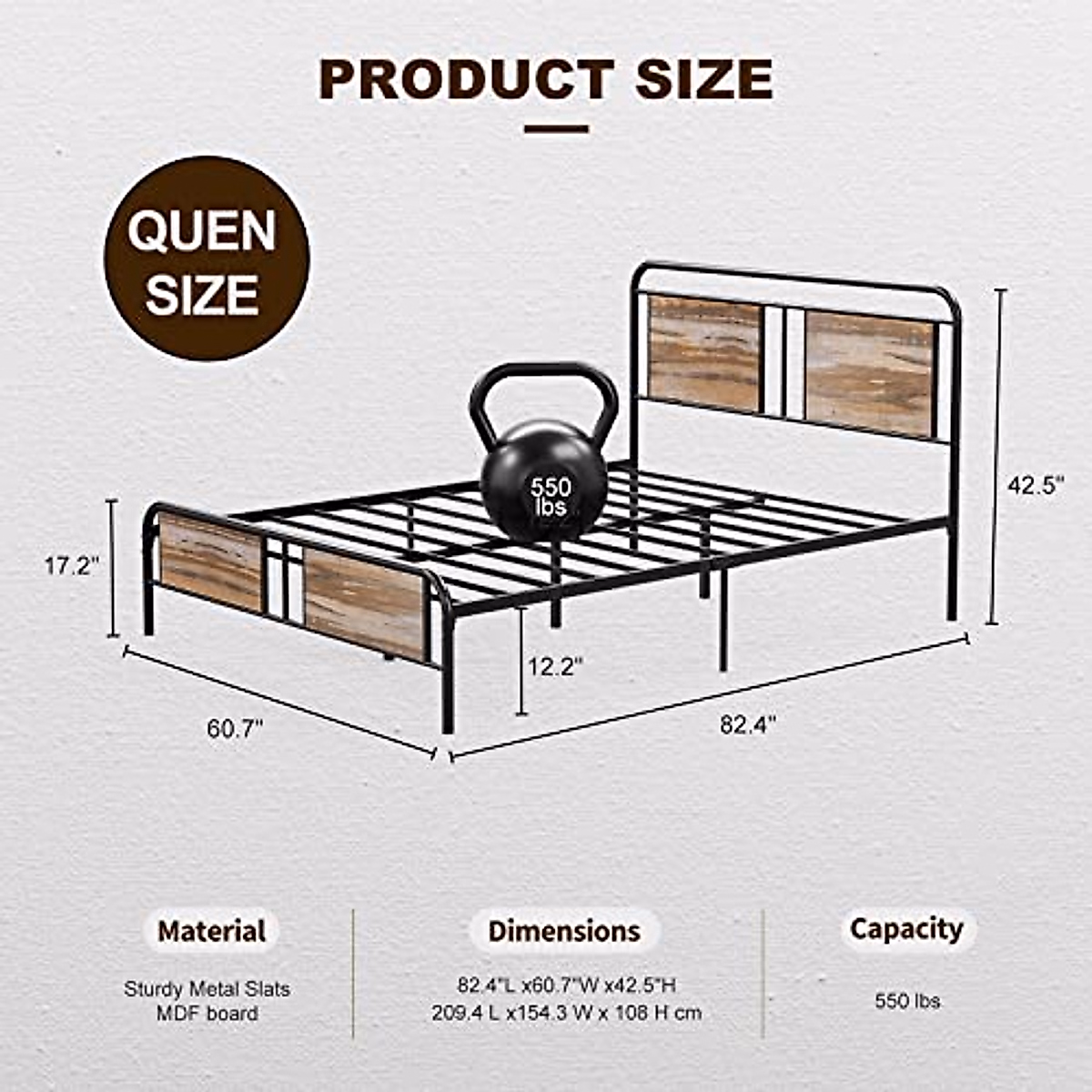 IKIFLY Metal Queen Size Platform Bed Frame with Industrial Wood Headboard/Footboard, Strong Metal Slats, Easy Assembly, Noise-Free, No Box Spring Needed - Wood Brown