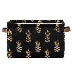 ALAZA Gold Pineapple on Black Large Storage Baskets with Handles Foldable Decorative 2 Pack Storage Bins Boxes for Organizing Living Room Shelves Office Closet Clothes