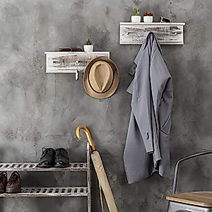 MyGift Rustic Whitewashed Wood 16-Inch Wall-Mounted Shelves with 3 Coat & Hat Pegs, Set of 2