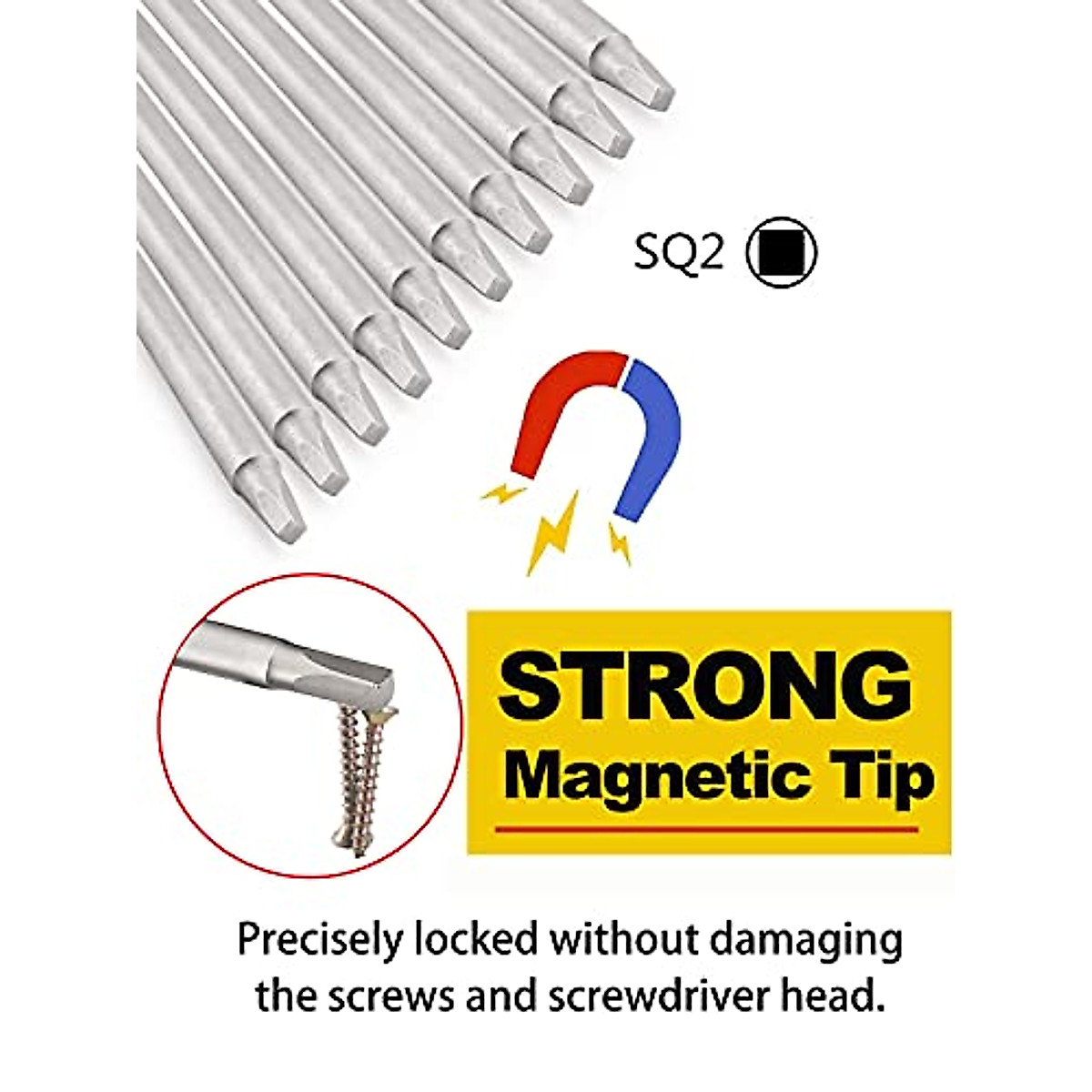 Rocaris 10pcs 1/4 Inch Hex Shank Long Magnetic Square Head Screwdriver Bits Set Power Tools SQ2 For Poket Hole Jig- 6 inch Length