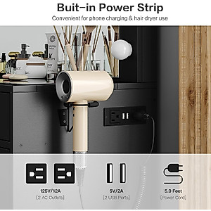 FUSOU Vanity Desk with Power Outlet, Makeup Vanity with Mirror and 12 LED Lights, 3 Lighting Modes,11 Drawers Vanity Table with Chair, Glass Top, Vanity Set for Bedroom,Dressing Room (Black)