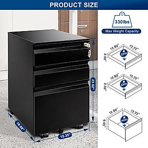 3 Drawers Filing Cabinet Office Drawers with Keys 19.69 D x 15.35" W x 23.62" H, Fully Assembled,Heavy Duty Filing Cabinet Vertical File Under Desk for Legal/Letter/A4 File, (Black)