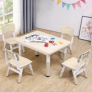 CuFun Kids Table and Chairs Set, Height-Adjustable Toddler Table and Chairs Set for Age 3-8, 31.5''Lx23.6''W Graffiti Desktop, Kids Activity Table for Daycare, Classroom, Home (Natural-Wood, 4 Chairs)