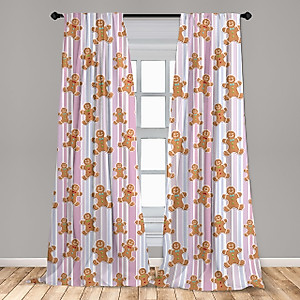 Ambesonne Gingerbread Man Curtains, Pattern with Pastel Colored Striped Backdrop Bakery Xmas Goodies, Window Treatments 2 Panel Set for Living Room Bedroom, Pair of - 28" x 84", Brown Pink