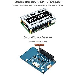 Waveshare 3.52inch E-Paper HAT Compatible with Raspberry Pi 4B/3B+/3B/2B/B+/A+/Zero/Zero W/WH/Zero 2W Supports Jetson Nano 360 × 240 Resolution SPI Interface Black/White Dual Colors