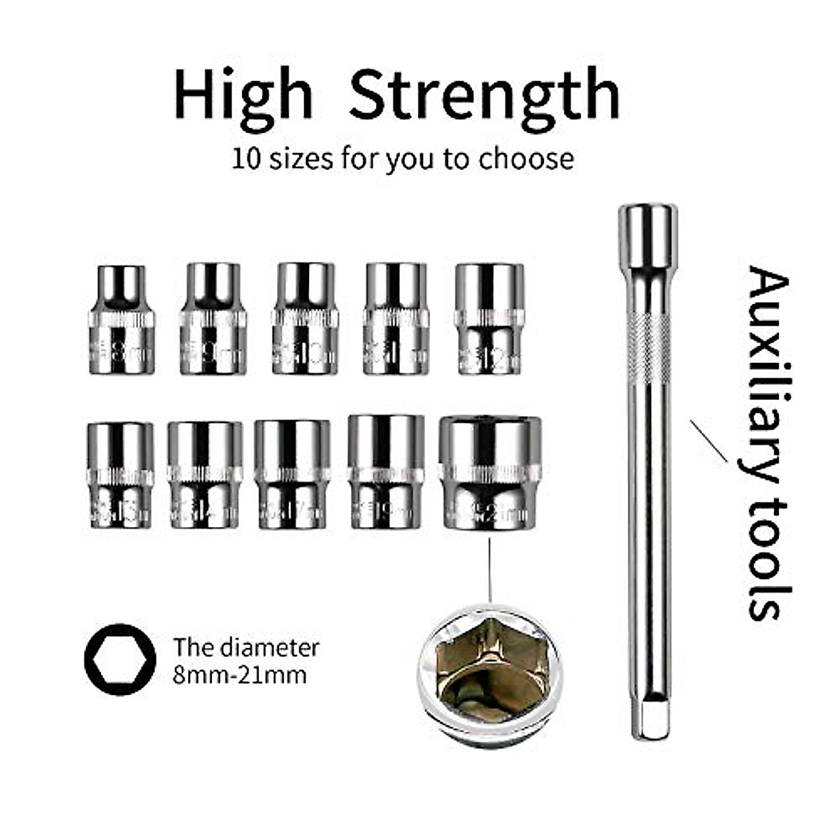 Egofine 12pcs 3/8 Inch Ratchet Socket Wrench Set, Drive Socket Set with 10 Sockets 8-14,17,19,21mm and 2 Way Quick Released Ratchet Handle and Extension Bar