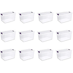 Sterilite 17571706 66-Quart ClearView Latch Box Storage Tote Container with Purple Handles for Home or Office Organization, 12 Pack