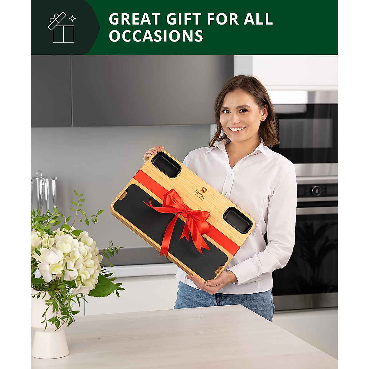 ROYAL CRAFT WOOD Extra Large Bamboo Cheese Board and Knife Set - With Slate Plate and Sauce Bowls