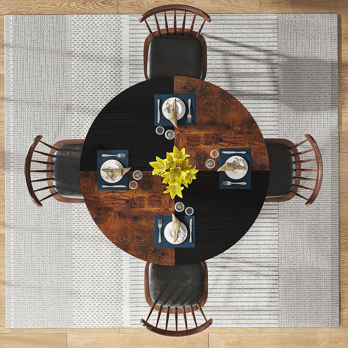 Tribesigns 47 inch Round Dining Table for 4, Wood Kitchen Table Large Dinner Table with Storage Shelf Metal Legs for Home Dining Room Living Room, Black Rustic Brown(Only Table)