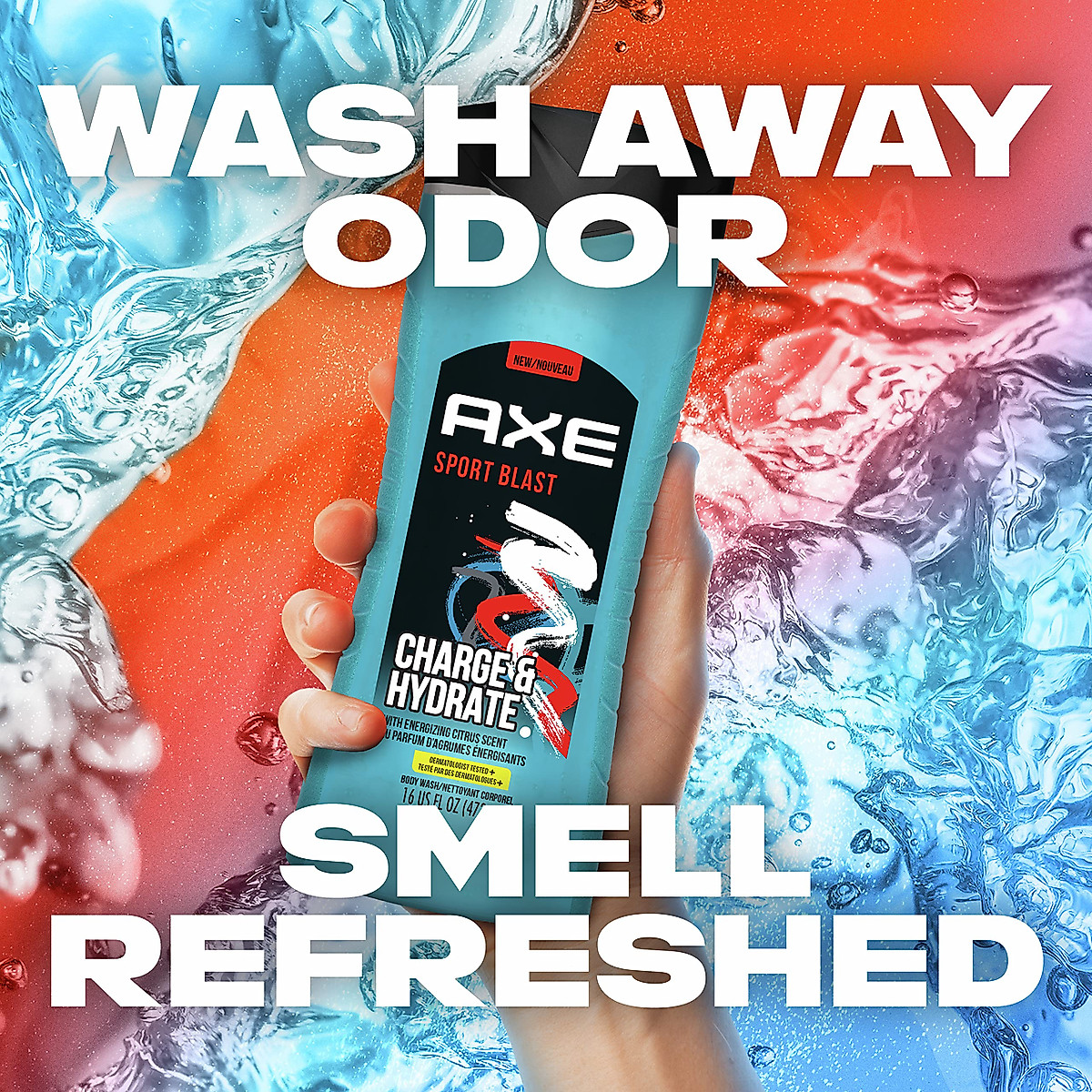 Axe Body Wash Charge & Hydrate Sports Blast Energizing Citrus Scent Men's Body Wash, 100 percent Recycled Bottle 16 oz 4 Count