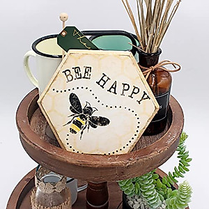 Tstarer Rustic Bee Wood Hexagon Box Sign for Wall & Tabletop - Bee-Happy -6.4 x 5.5 in(BEE HAPPY)