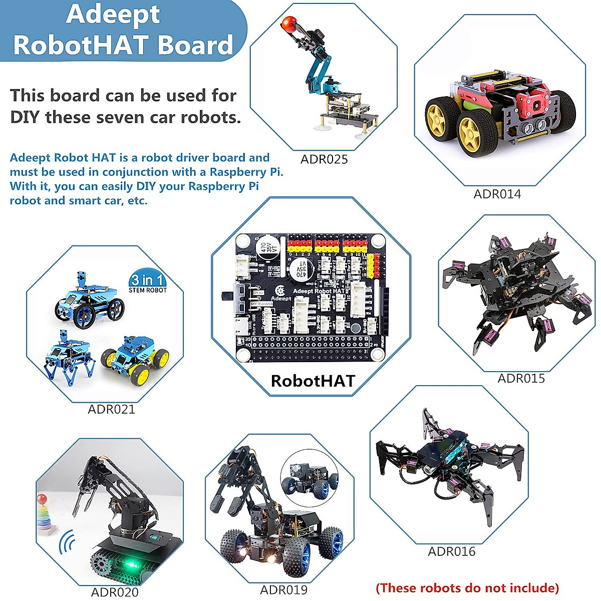 Adeept Raspberry Pi Robot HAT Kit, Smart Robot Car Driver, Robot Expansion Board Support Raspberry Pi 4 Model B 3B+ 3B 2B B+, L298P DC Motor Drive, PCA9685 16 Channel 12-Bit PWM Servo Motor Driver
