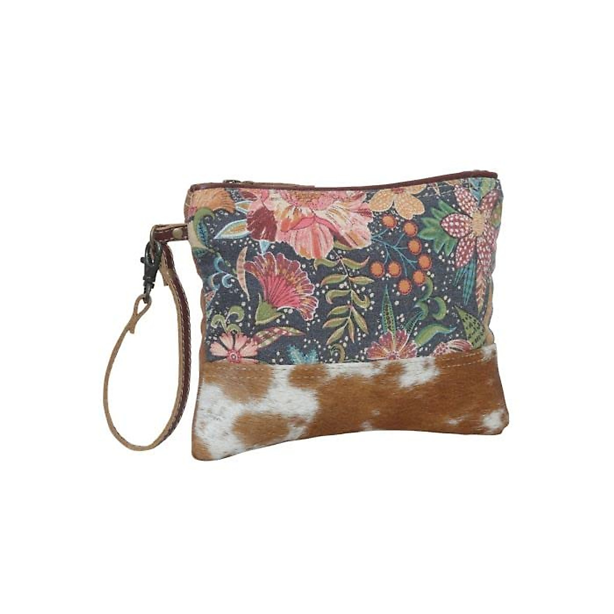 Myra Bag Western Upcycled Pouch Bag for Women - Canvas Hair On Leather Wristlet Handbag Starlit